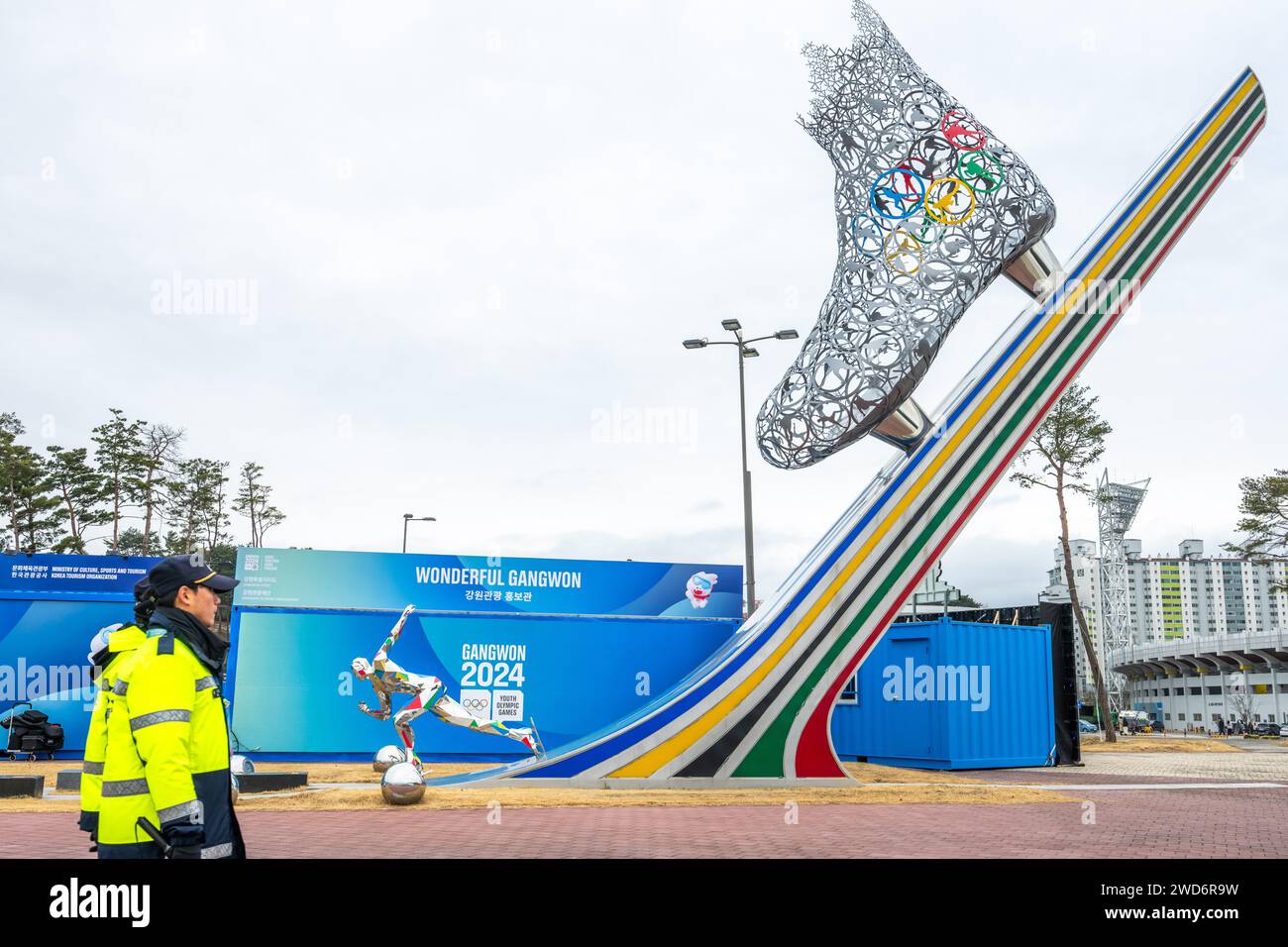 Gangneung, South Korea. 18th Jan, 2024. Policemen are seen in the Gangneung Olympic Park in ...