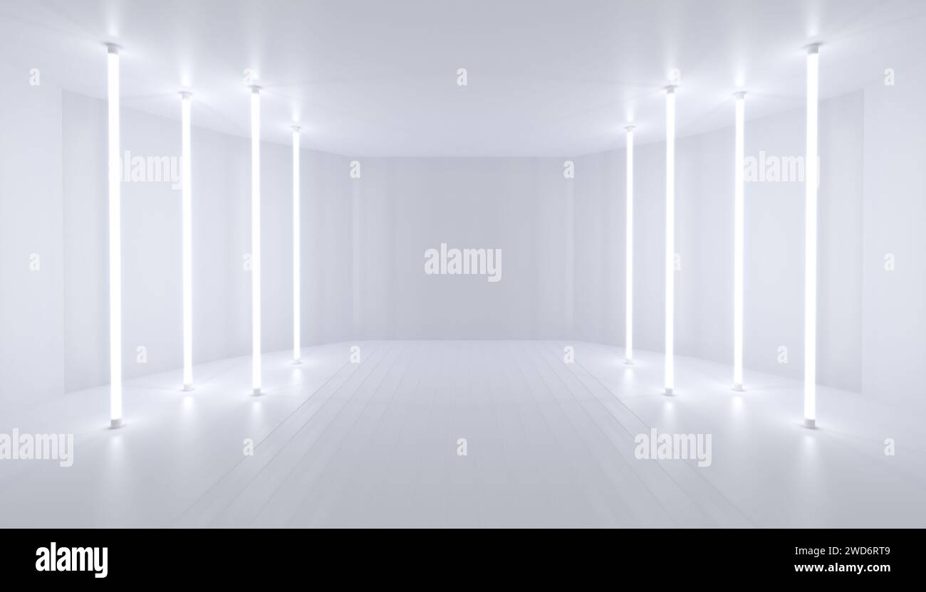 Abstract white background scene. Bright light from vertical lamps. 3d ...