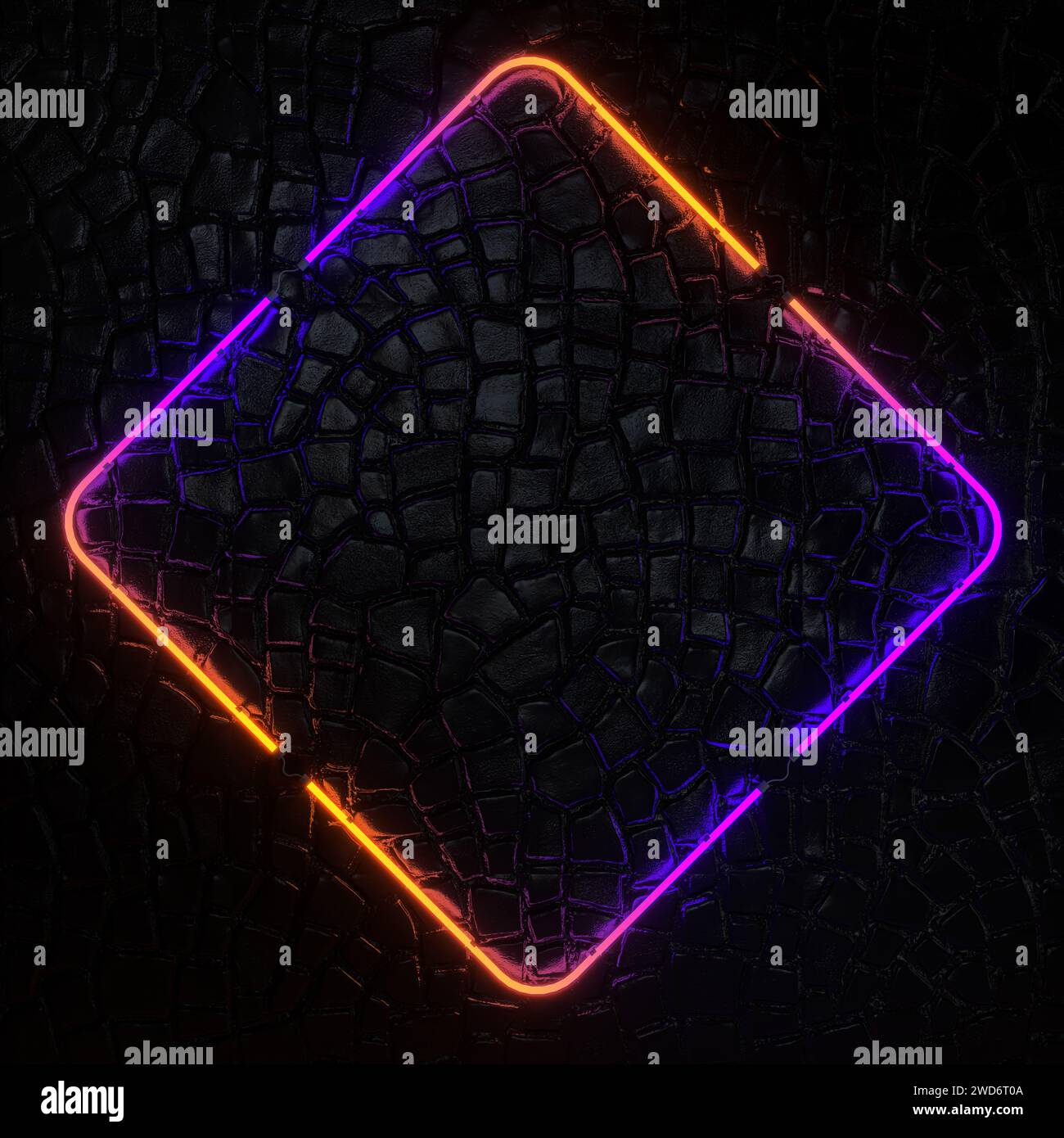 Square glowing neon frame on dark wall. Multicolored gradient glow. 3d ...