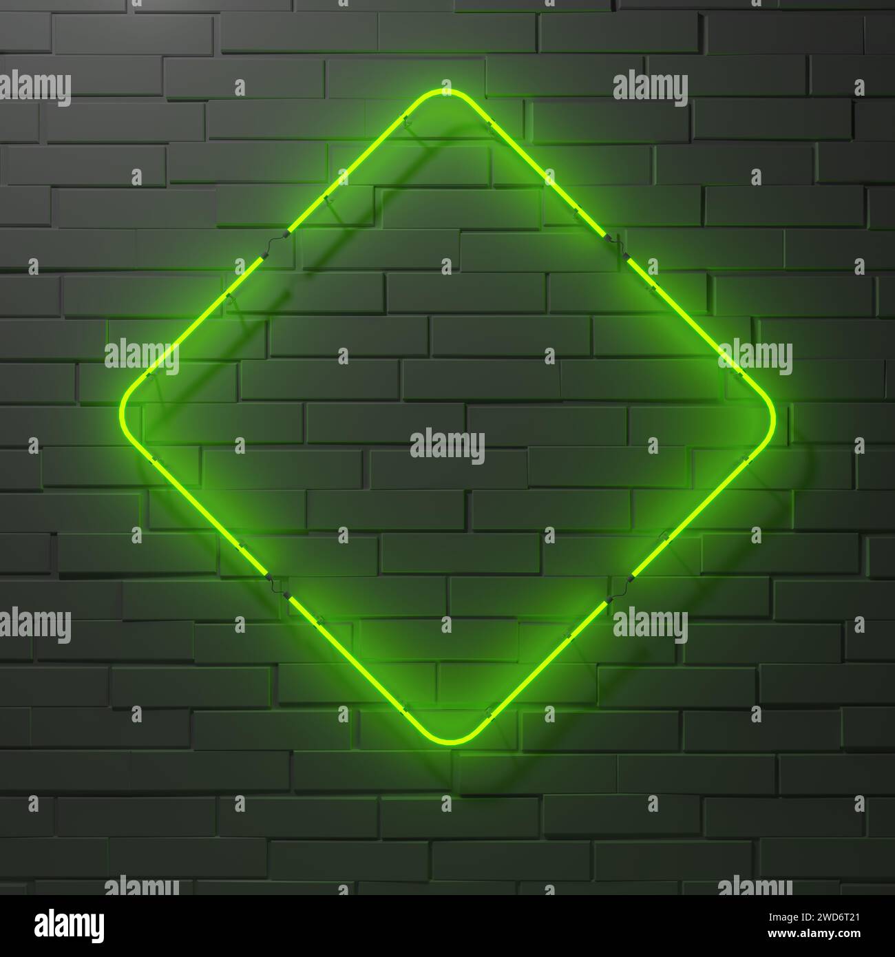 Neon green frame on brick dark wall. Template neon sign. 3d ...
