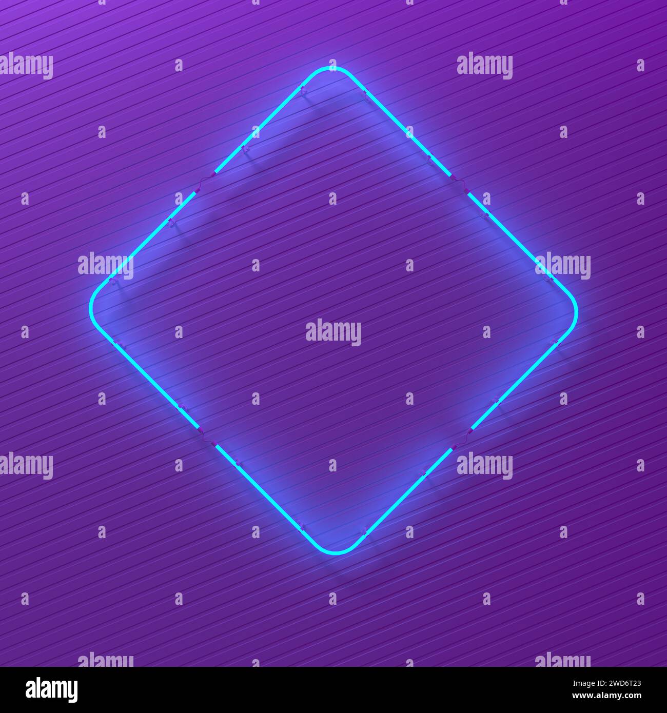 Square glowing neon frame on purple wall. Blue light glow. 3d ...