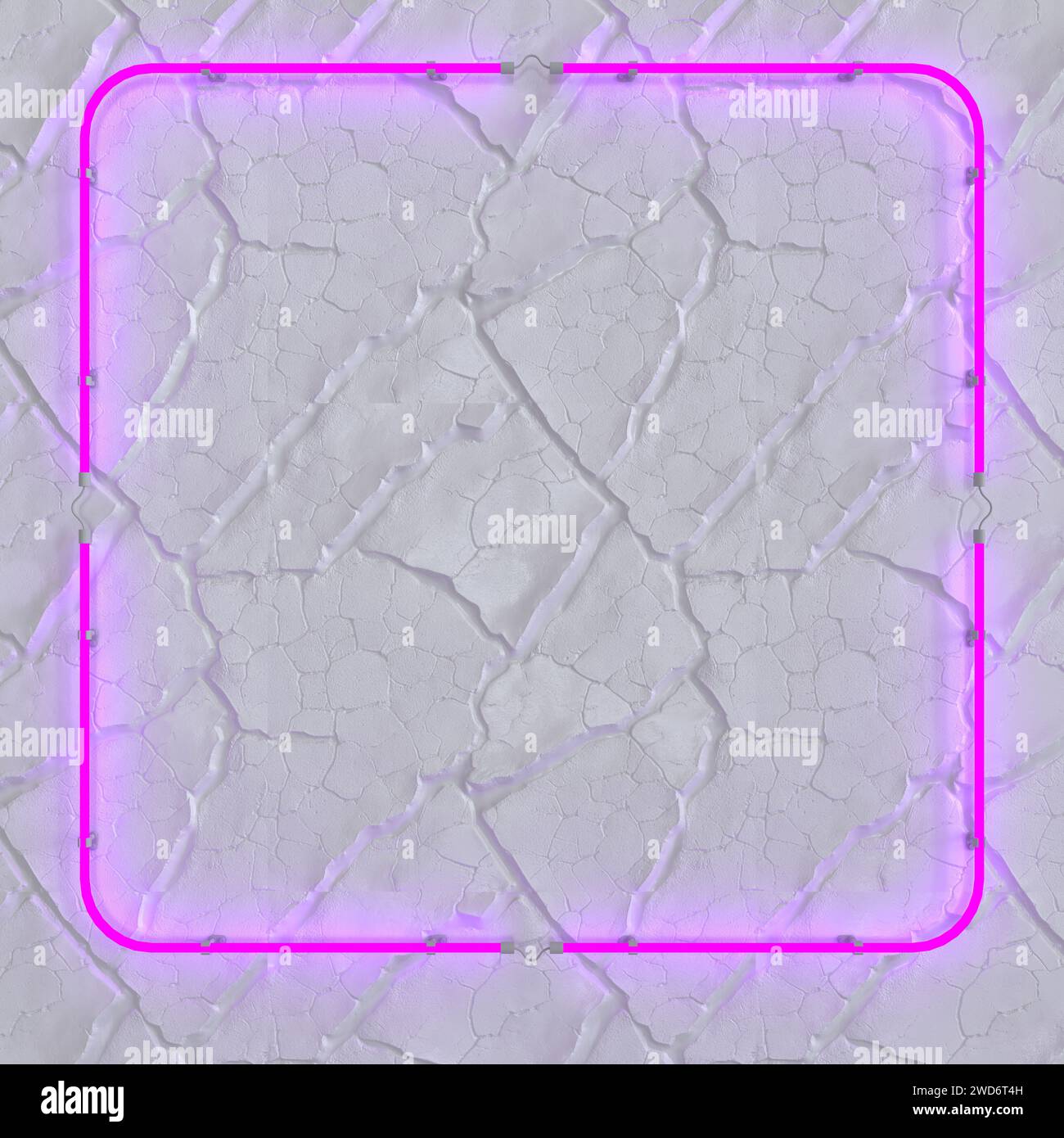 Square glowing neon frame on a white relief plastered wall. Purple glow ...
