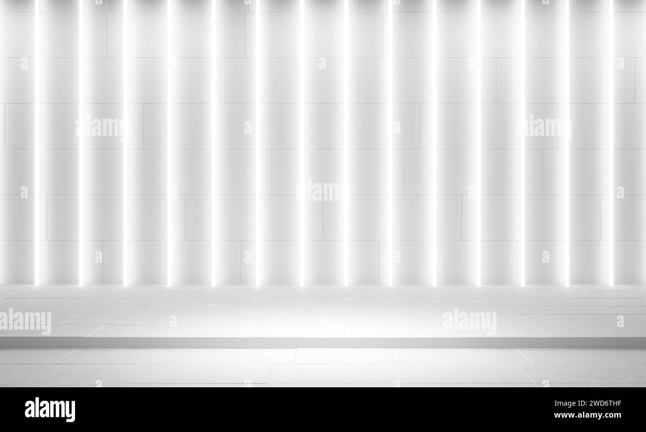 White minimalistic abstract background. Neon light from lamps on stage ...