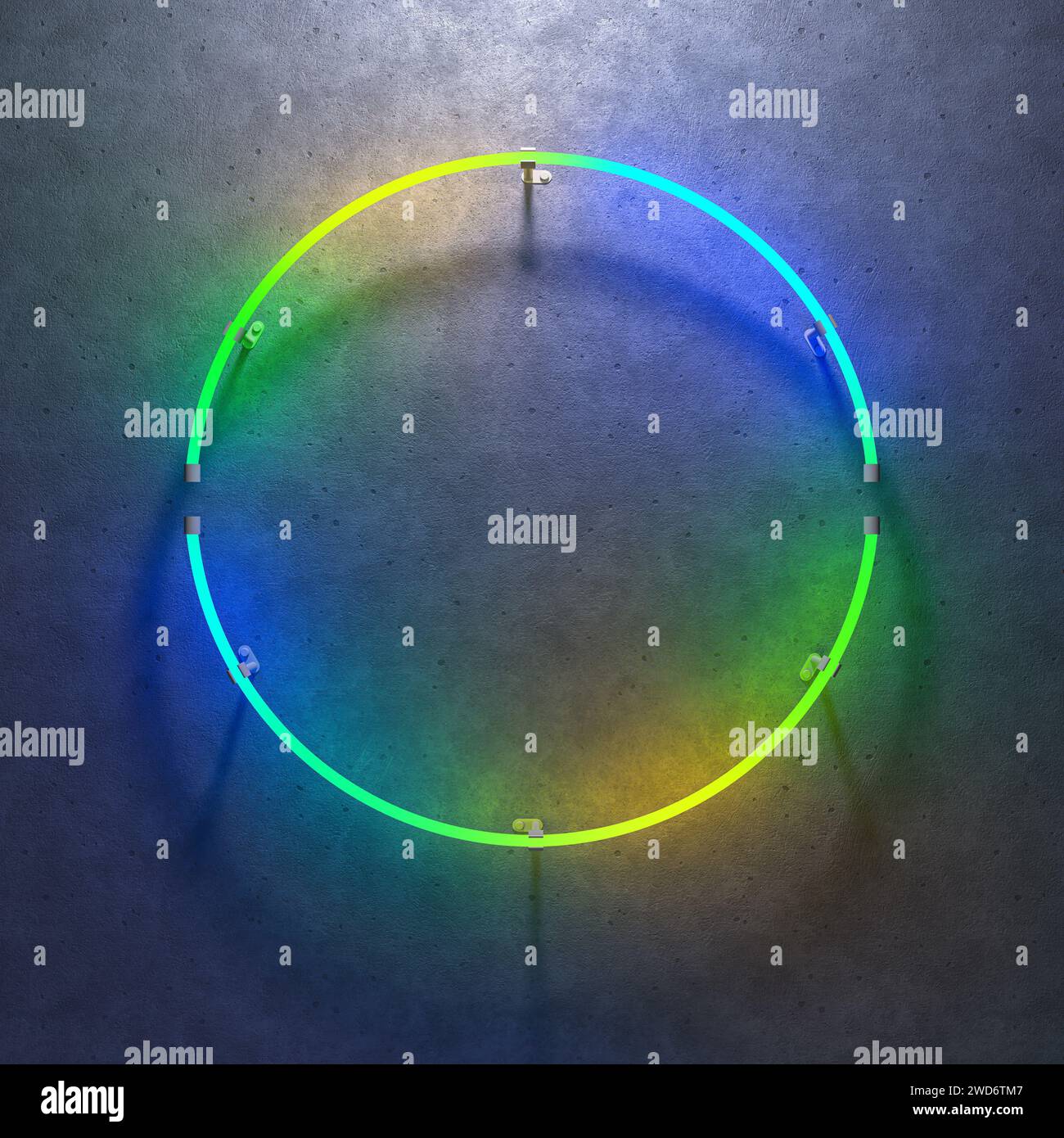 Multicolored glowing neon circle on a concrete background. Semicircular ...