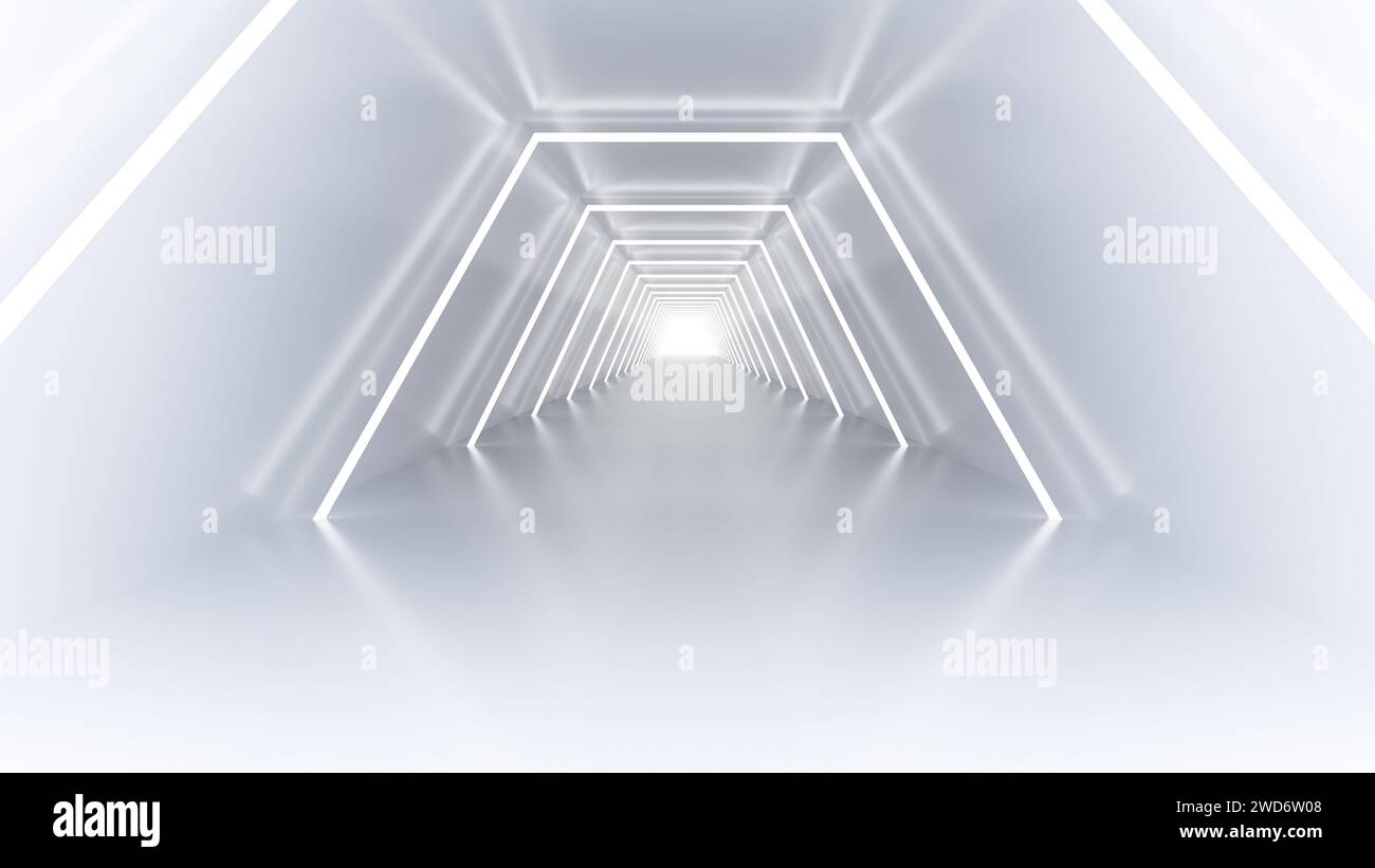 White neon lights form a symmetrical, infinite corridor, modern, sci-fi ...
