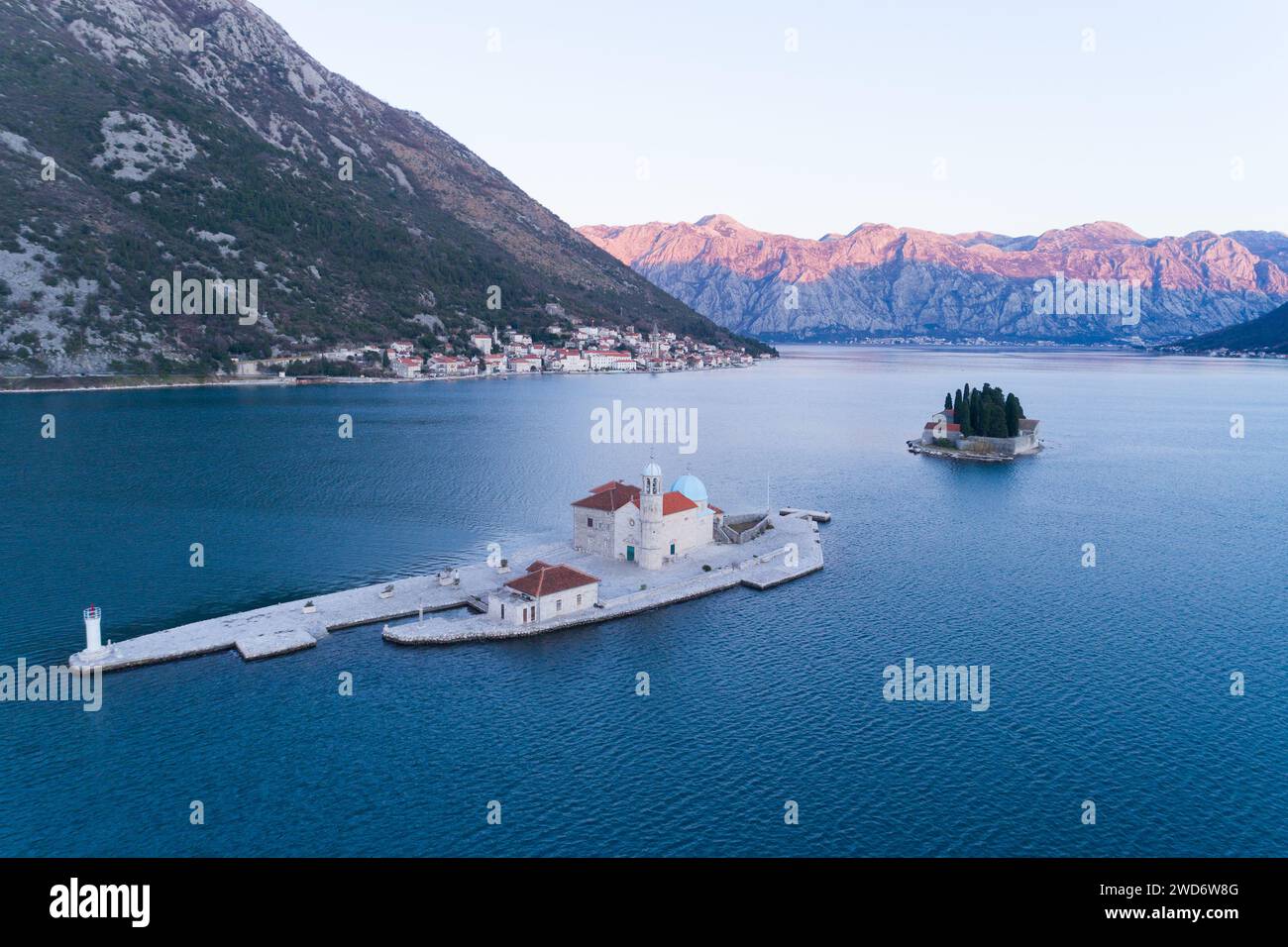 Aerial view of the island of Gospa od Skrpjela, Montenegro Stock Photo ...