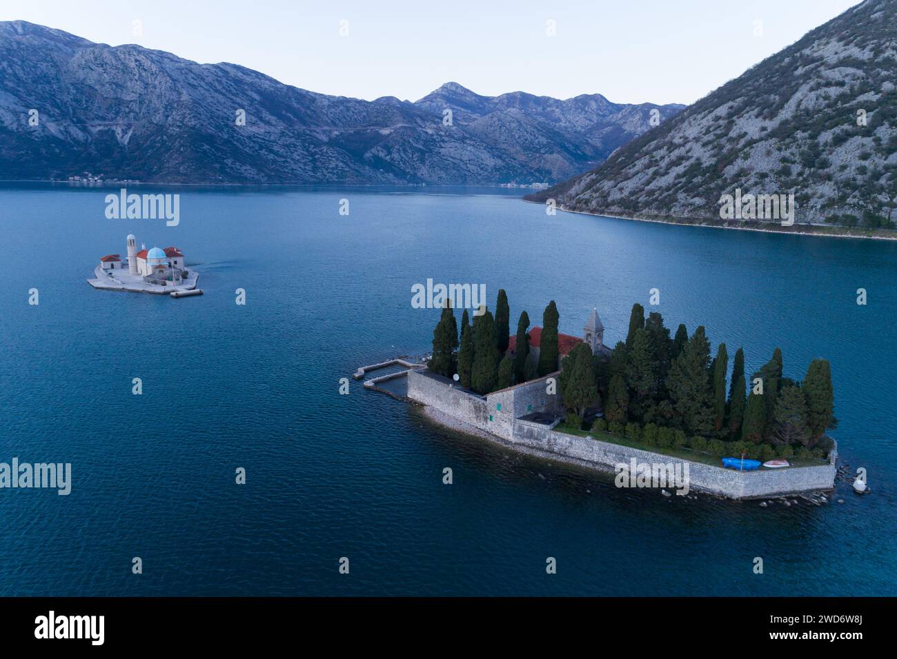 Aerial view of the island of St. George with monastery, Kotor Bay Stock ...
