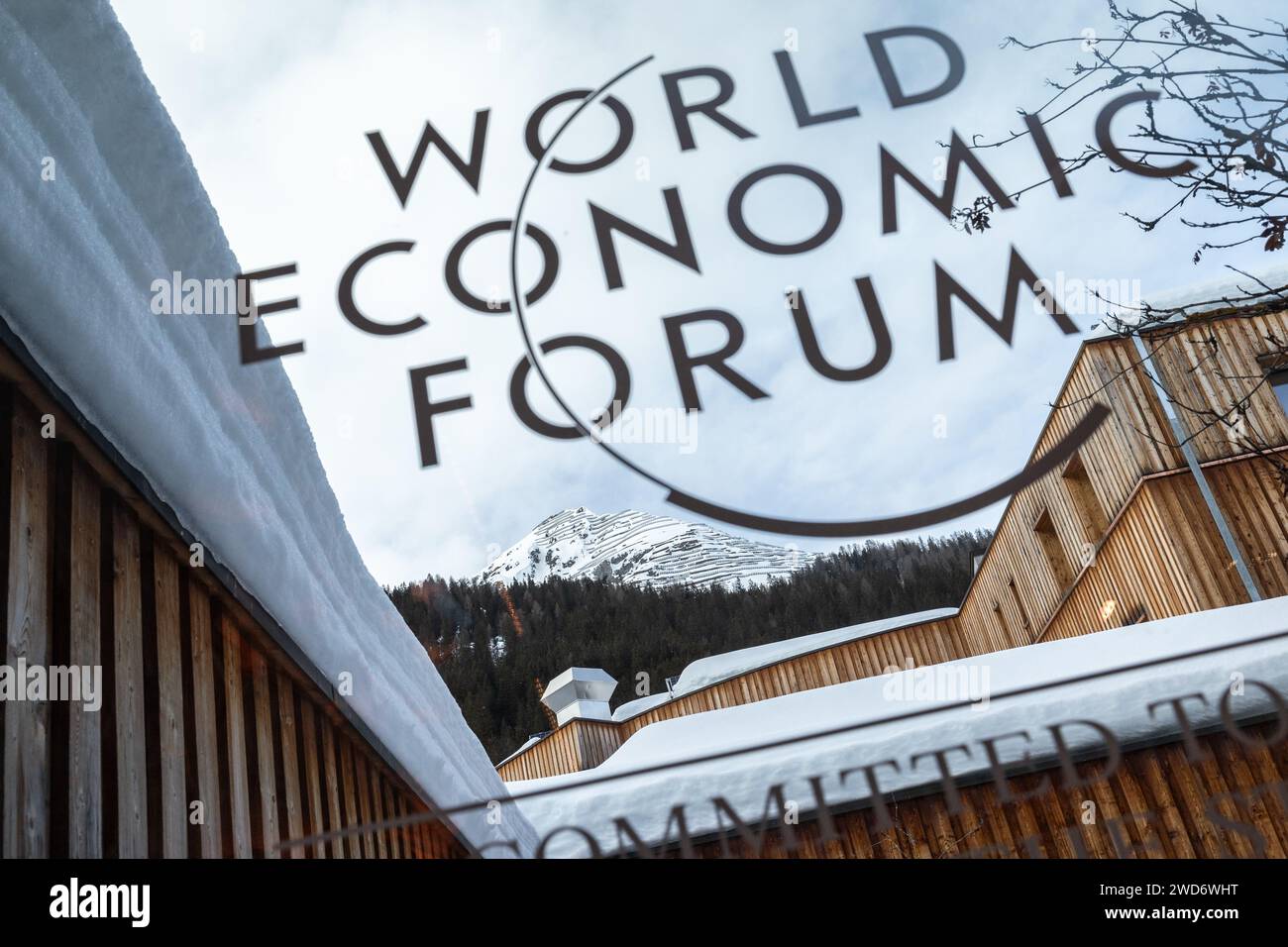 Davos, Switzerland. 18th Jan, 2024. View from a window with the words ...