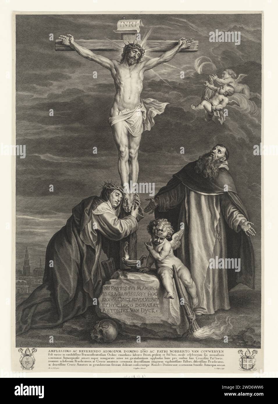 Christ on the cross with saints Catharina van Siena and Dominicus under the cross, Schelte ...