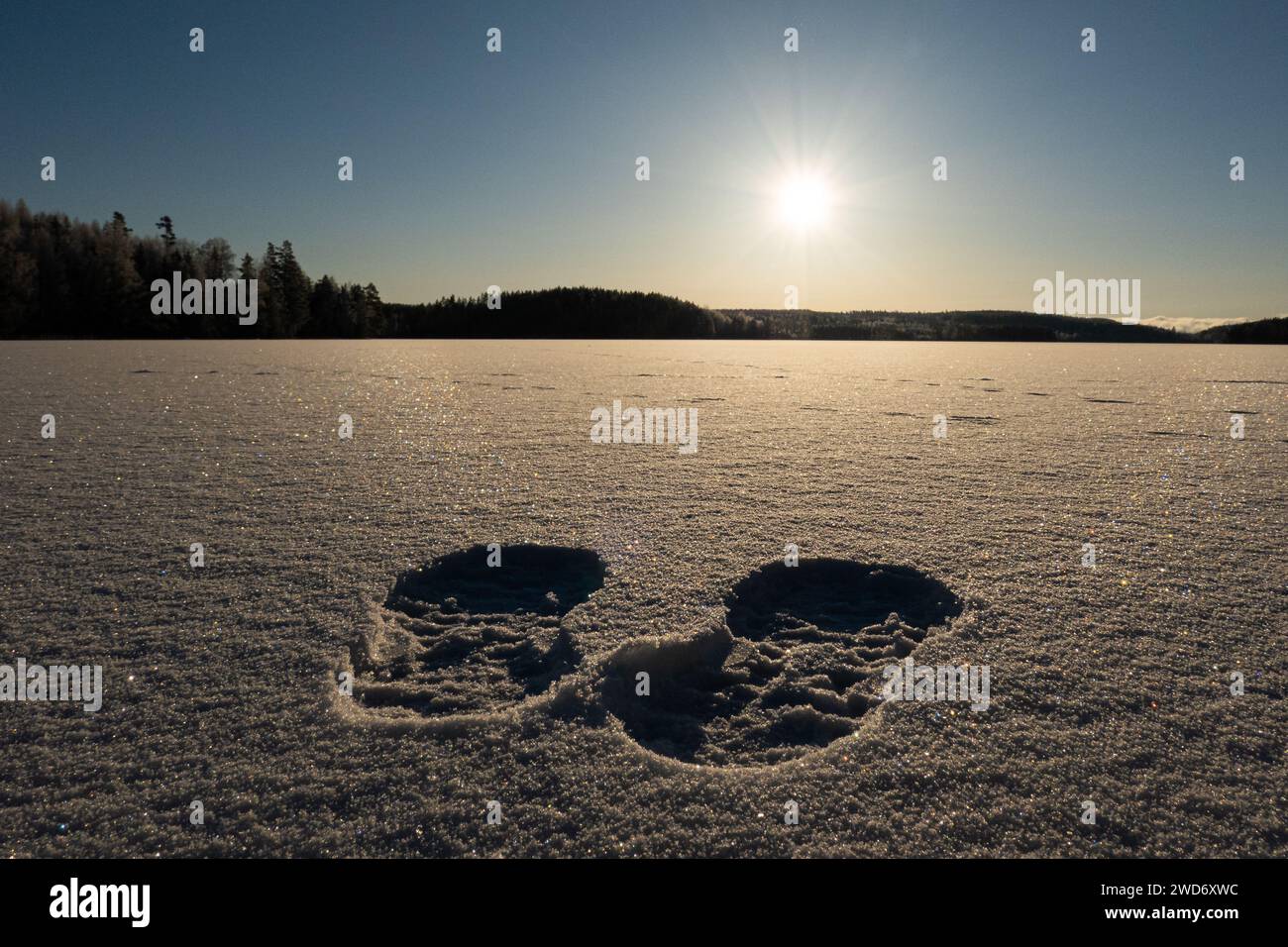 Footprints on a frozen lake in Sweden Stock Photo - Alamy