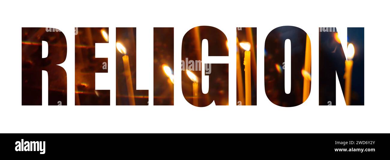 Religion text on a white background. Burning candles as a symbol of ...