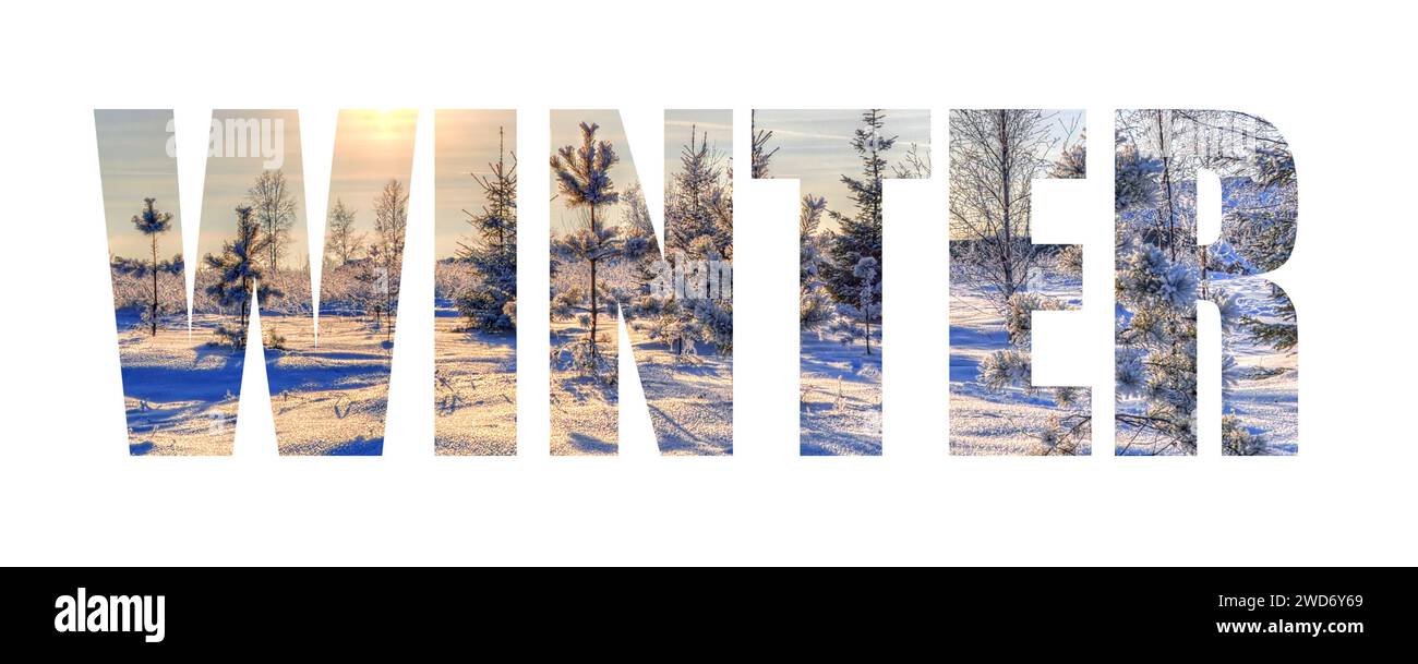 Inscription winter on the background of a frosty day with Christmas ...