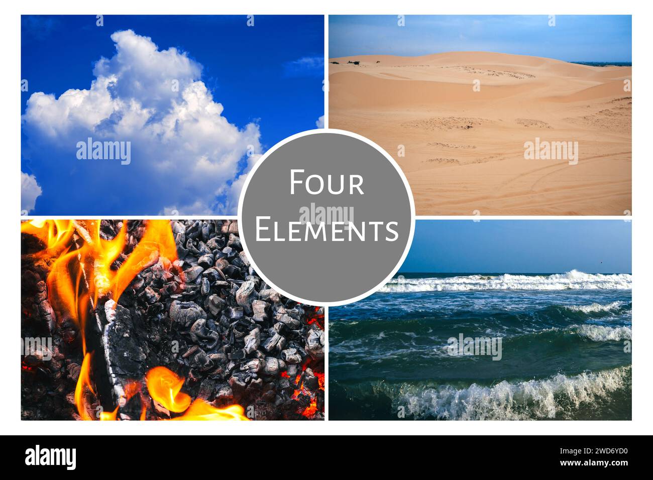 Four Elements: Earth, Water, Air, Fire. Concept on a white background ...