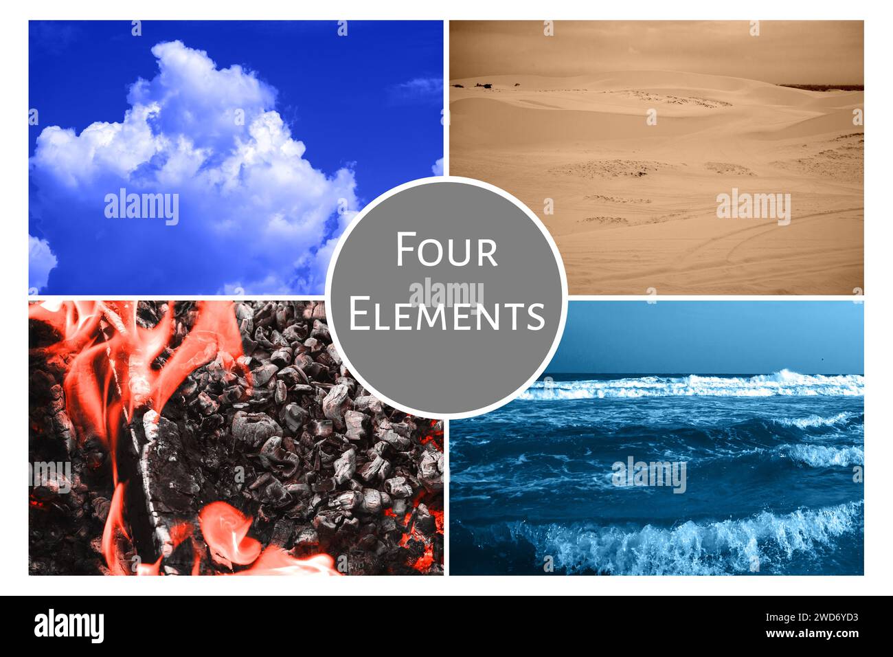 Concept Of The Four Elements: Earth, Water, Air, Fire. Collage on white ...