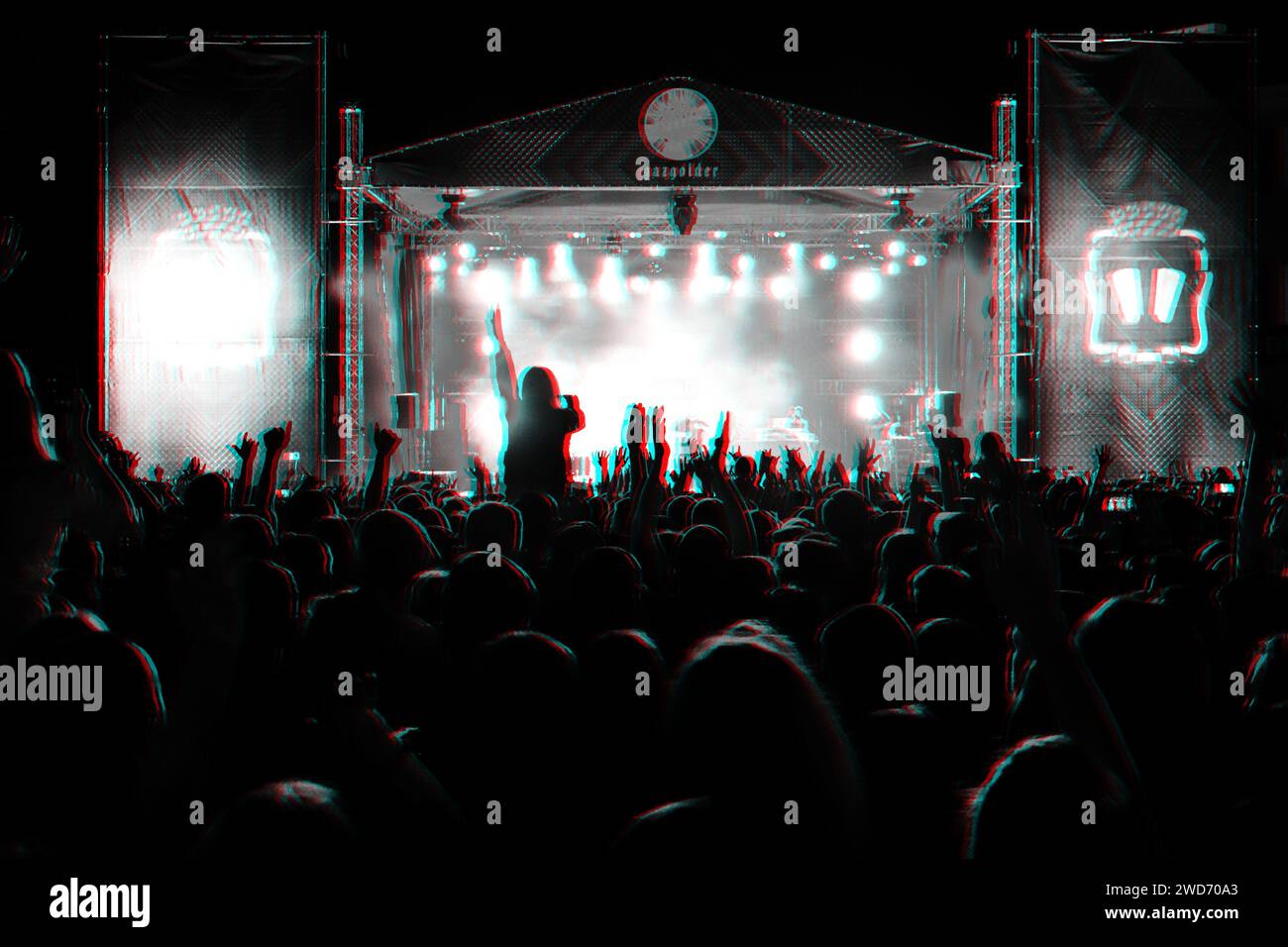 crowd of fans at a musical concert of a popular rock artist. Black and ...