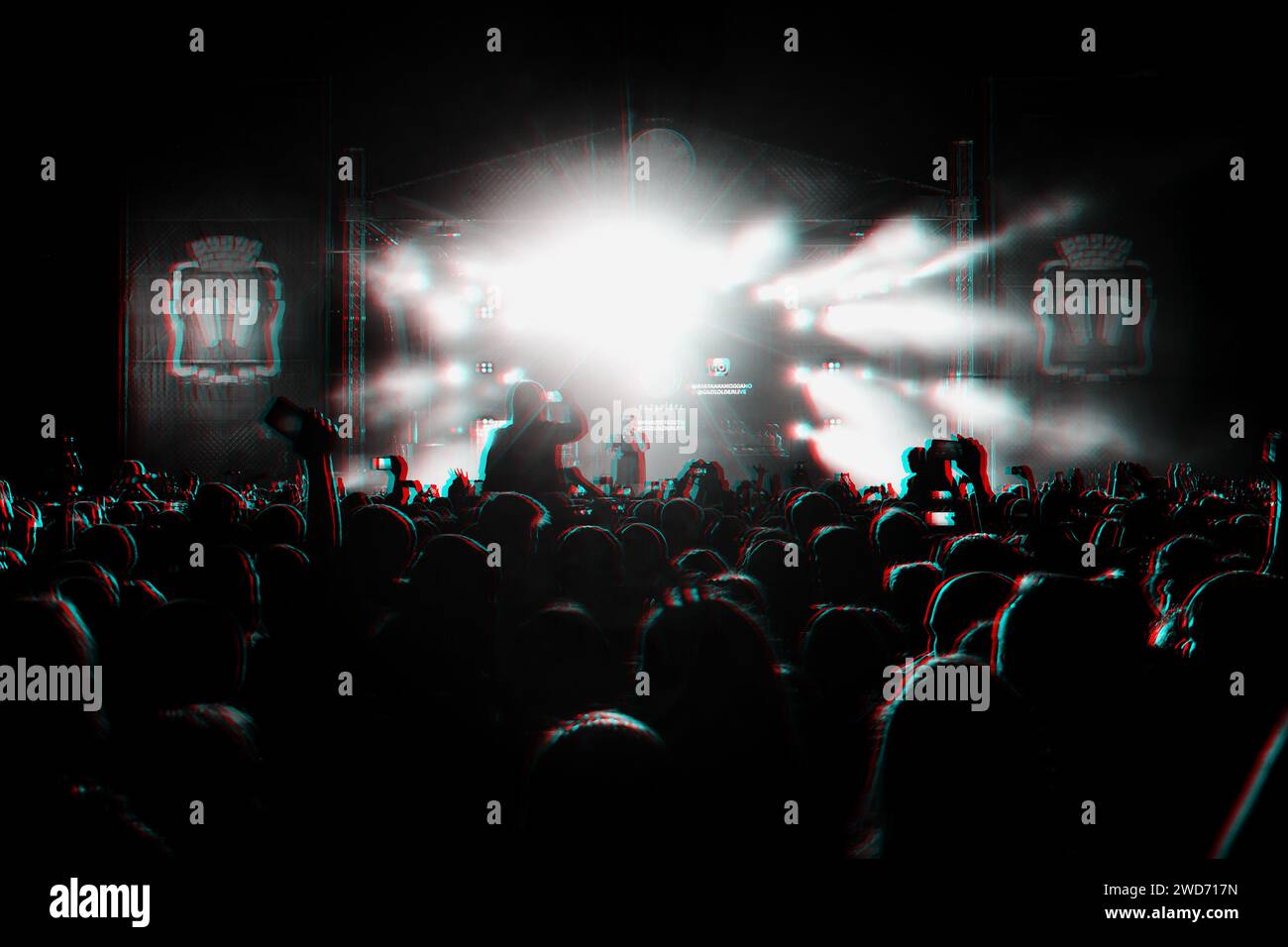 joyful crowd of fans at the concert of the popular rap artist. Black ...