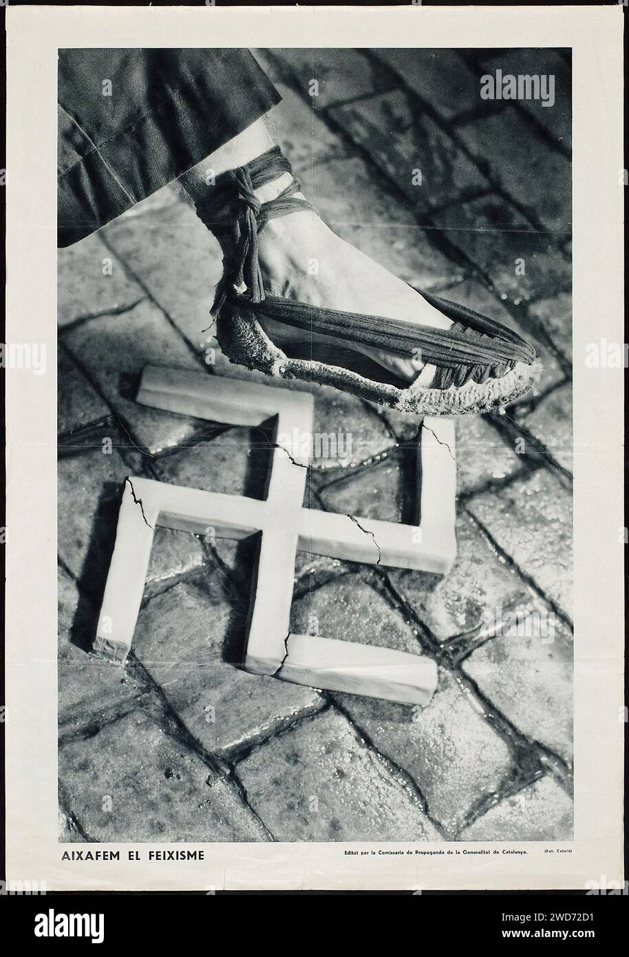 "Aixafem el feixisme" "Crush fascism" A photographic image shows a foot ...