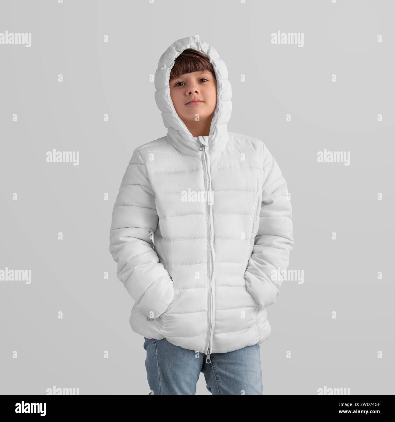 Winter jacket template for a child in jeans, hood, place for printing ...
