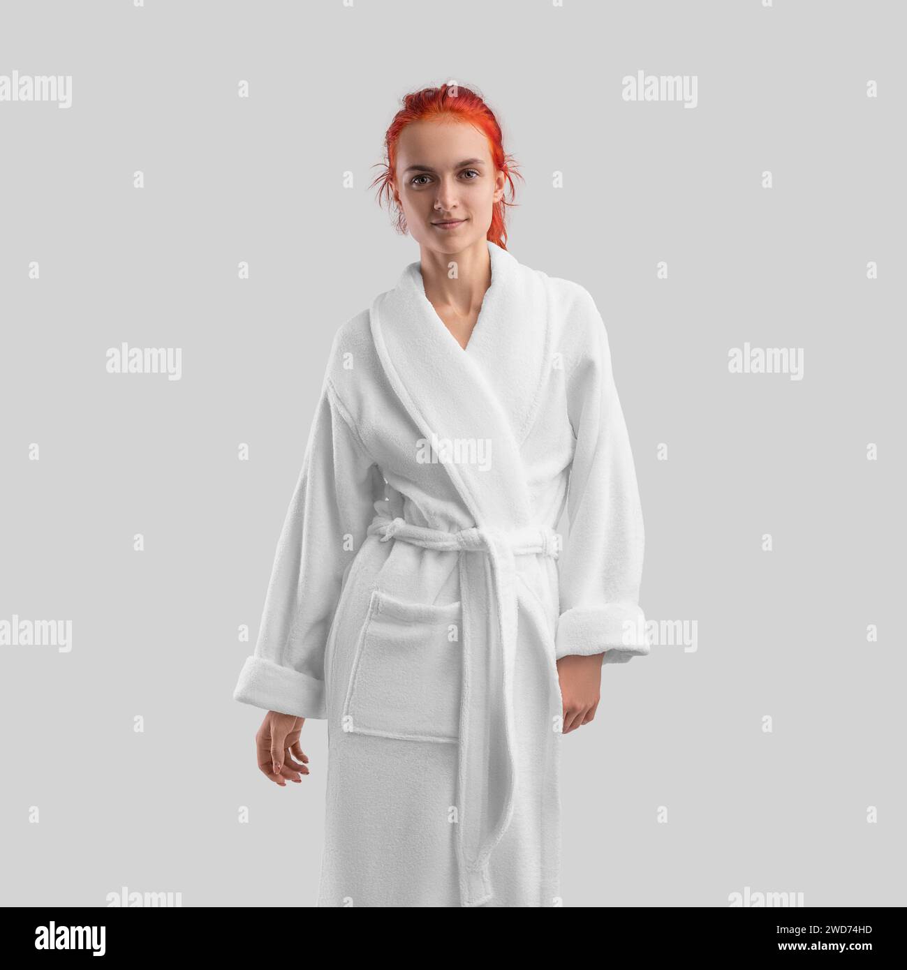 Girl posing in a white terry robe - home wear template for design ...