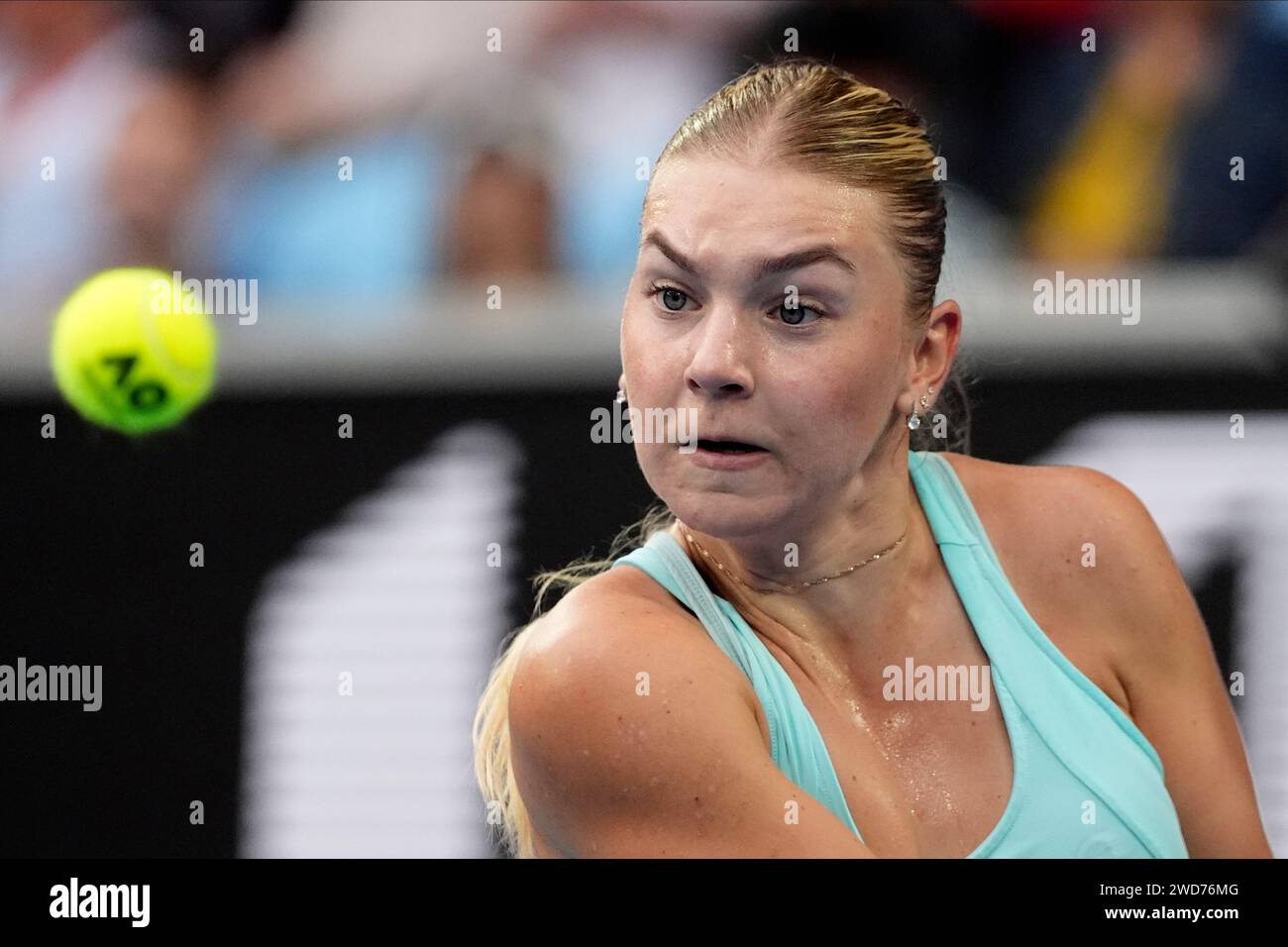 Maria Timofeeva of Russia plays a backhand return to Beatriz Haddad ...