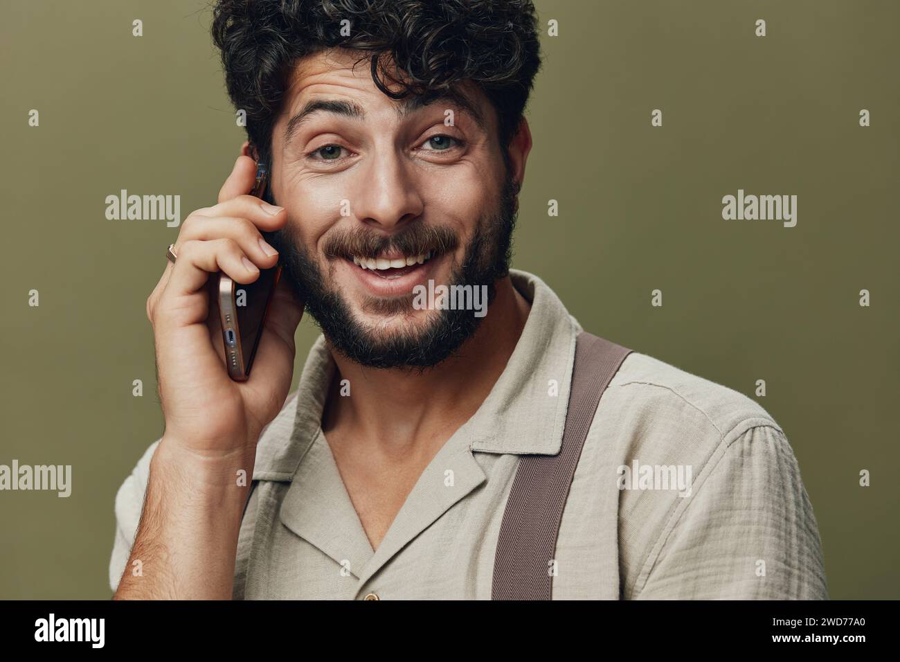 Male man cheerful caucasian smile phone happy adult isolated portrait ...