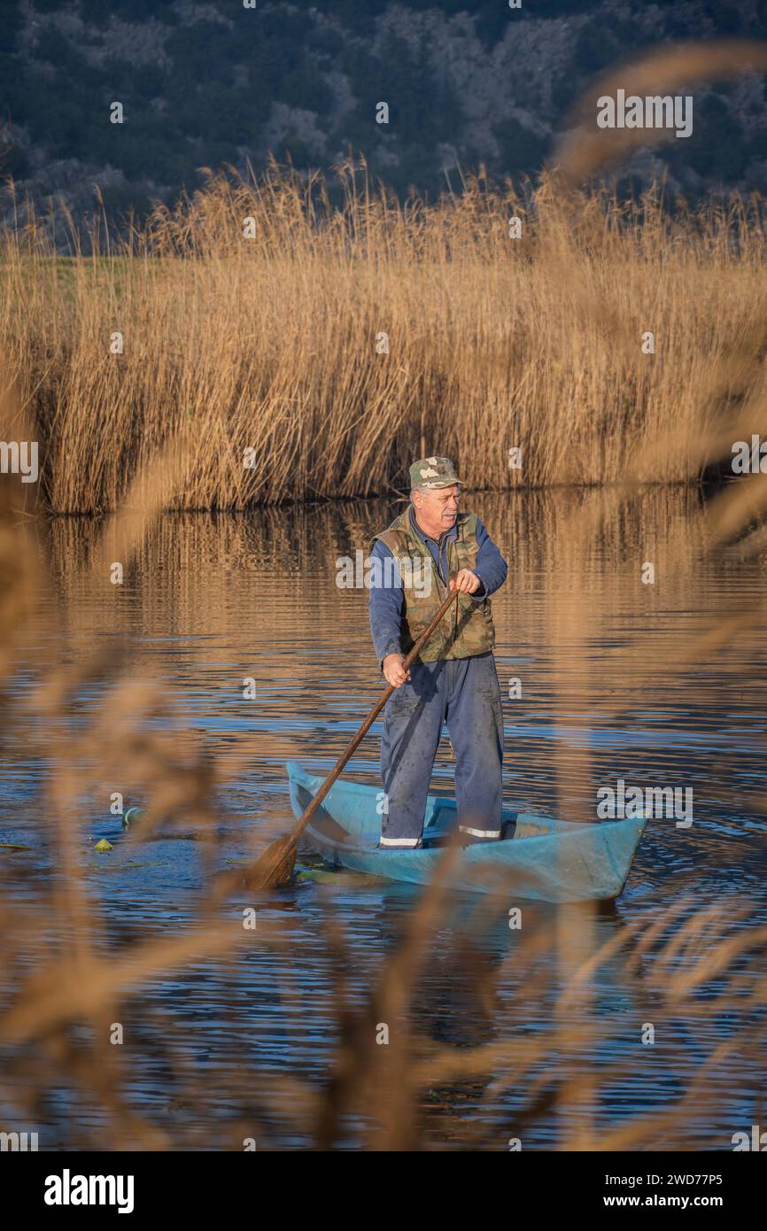 A man fishing in river, capturing fish with a net from the boat in ...