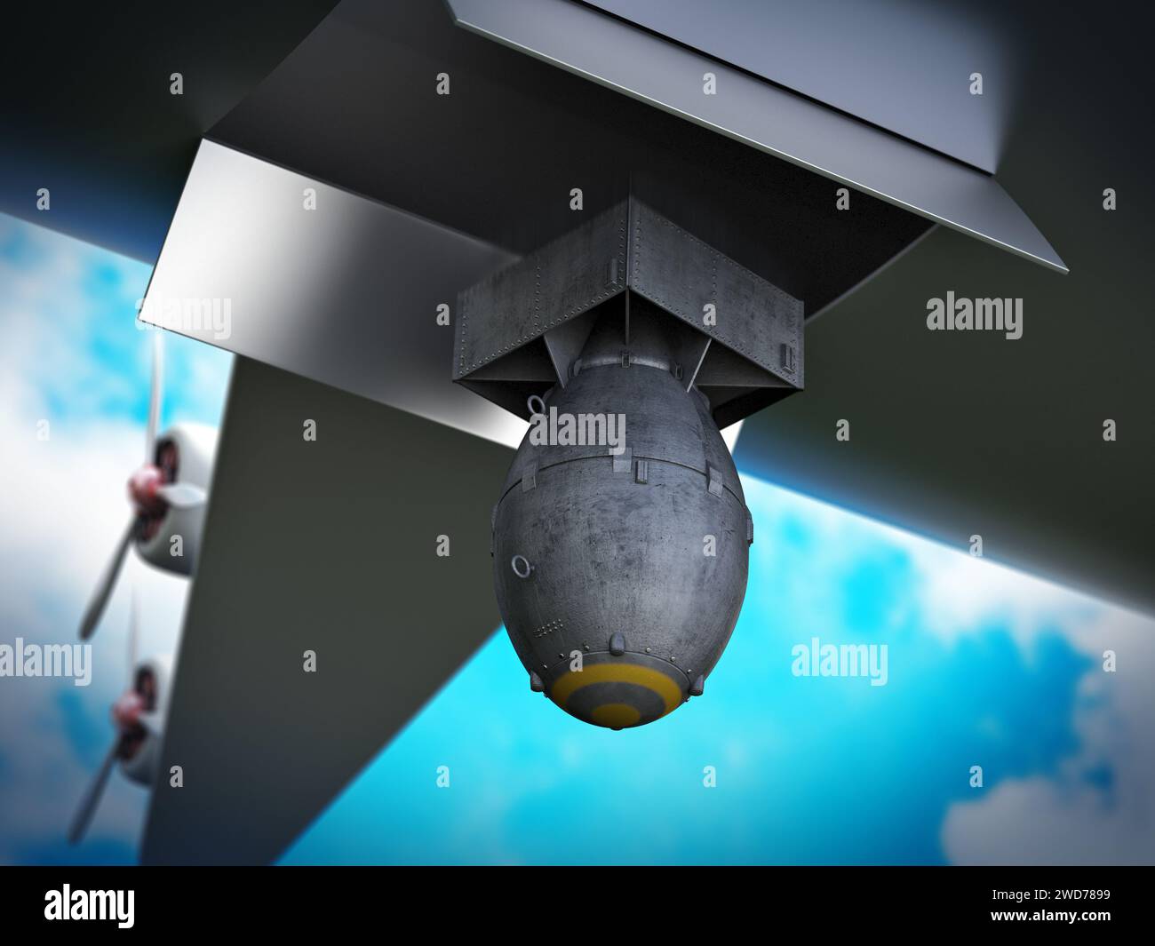 Vintage atomic bomb dropping from a bomber. 3D illustration Stock Photo ...