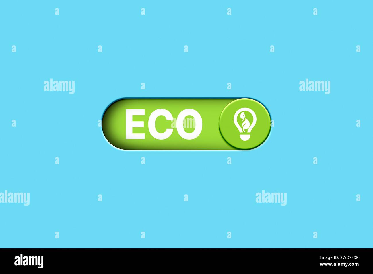 3D illustration of green button to switch on eco life. Clean ...