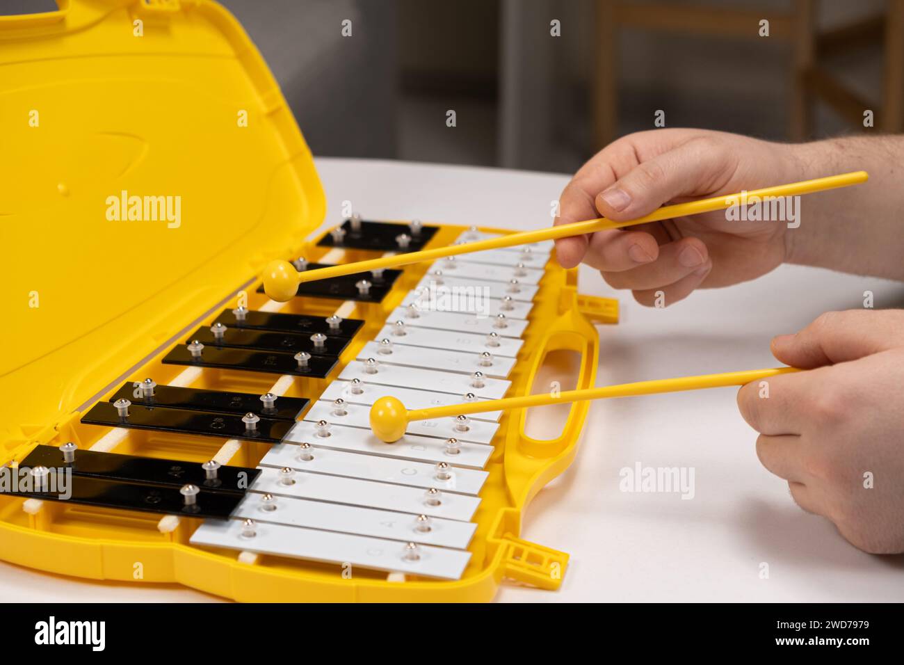 Playing with sticks on a metallophone, a metal xylophone. Percussion ...