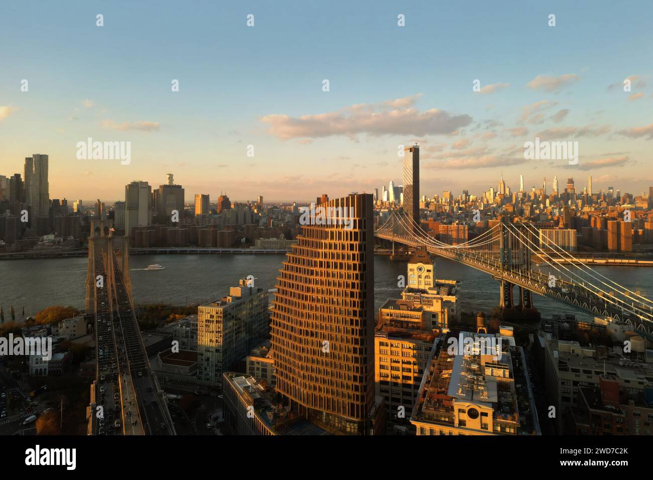 NYC from drone. Brooklyn Midtown skyline at dusk over Hudson River, NYC ...