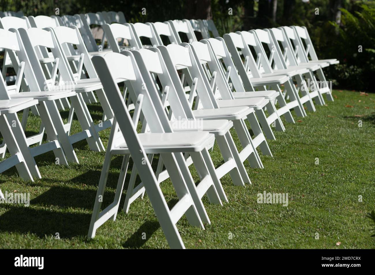 The chairs placed on a green lawn set up for an outdoor wedding ...