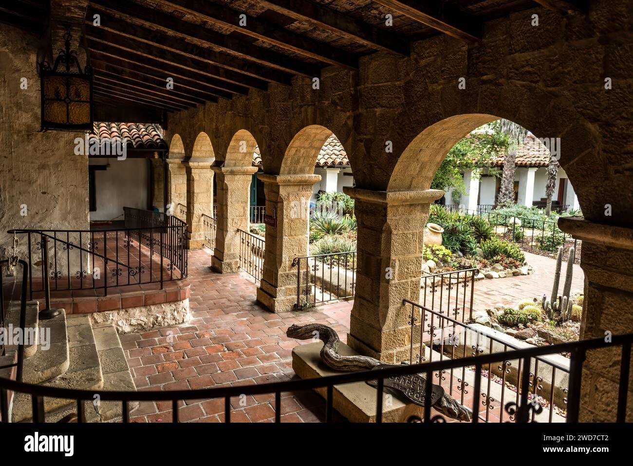 The courtyard of Mission Santa Barbara church in California Stock Photo ...