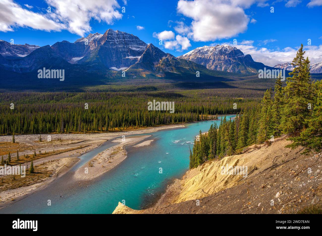 Scenic view of a river along Icefields Parkway in Banff National Park ...