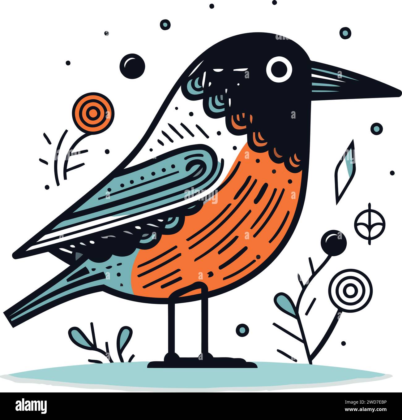 Hand drawn vector illustration of a cute little bird. Doodle style ...