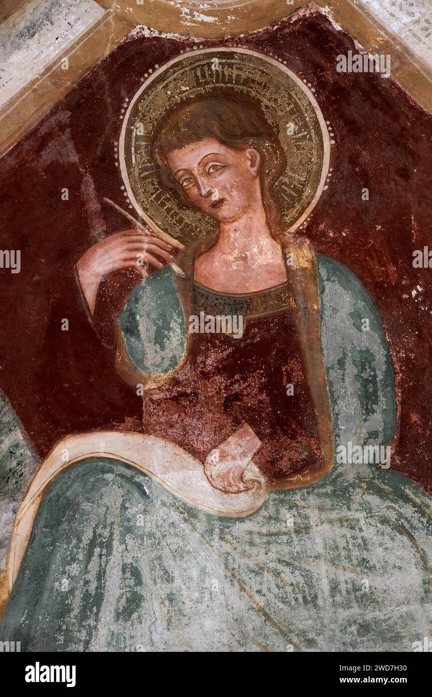Saint John the Evangelist writes his Gospel. Gothic ceiling fresco from ...