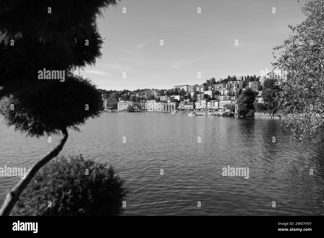 View over village lake Black and White Stock Photos & Images - Alamy