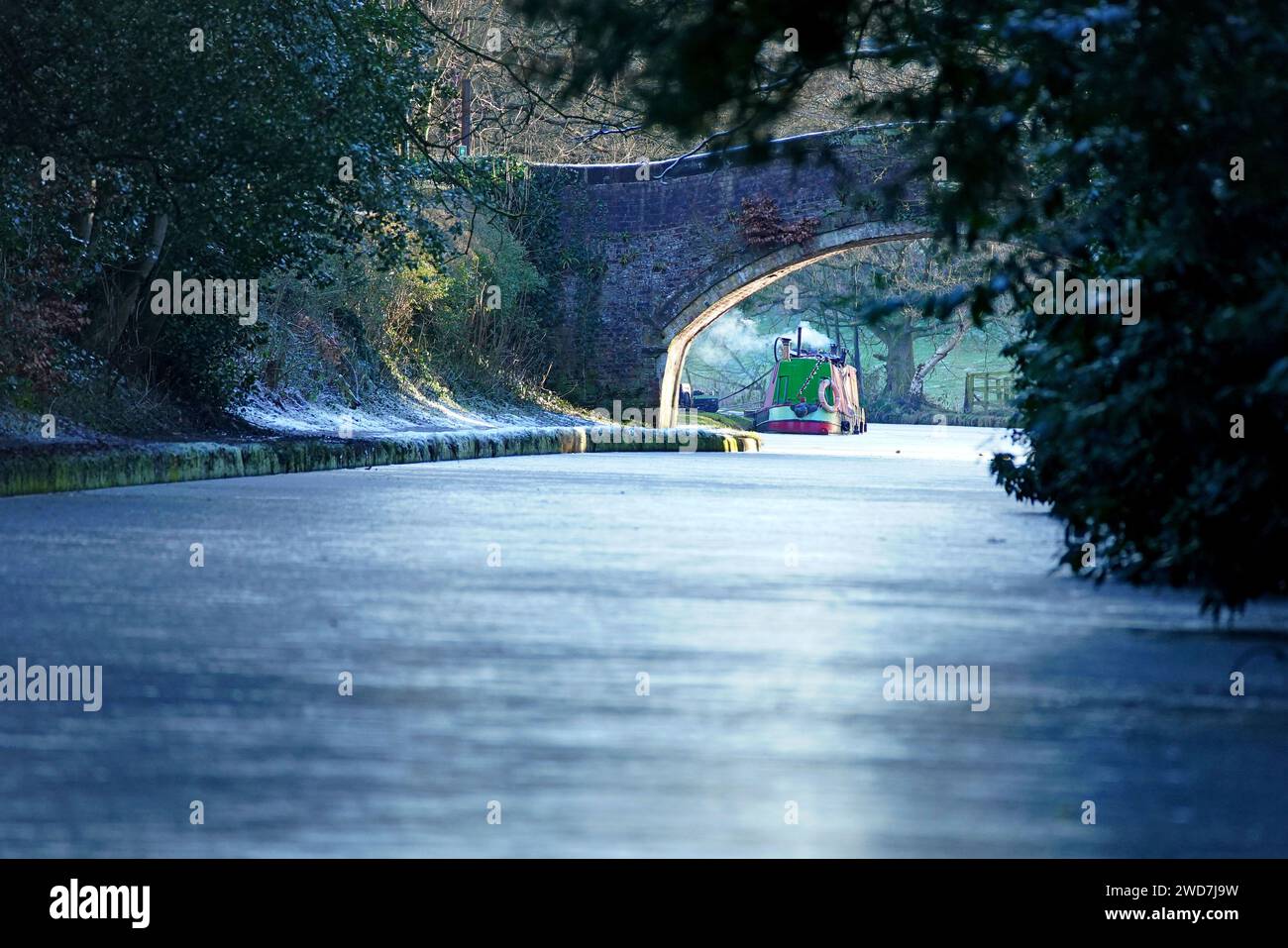 Canal boats moored on the Bridgewater Canal in Warrington which has ...