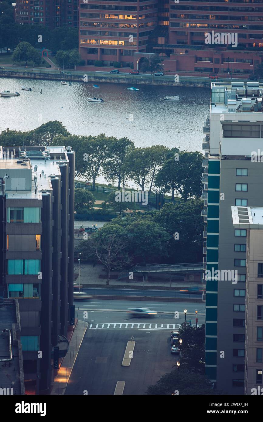 A compressed angle looking down a busy city street in Boston Stock ...