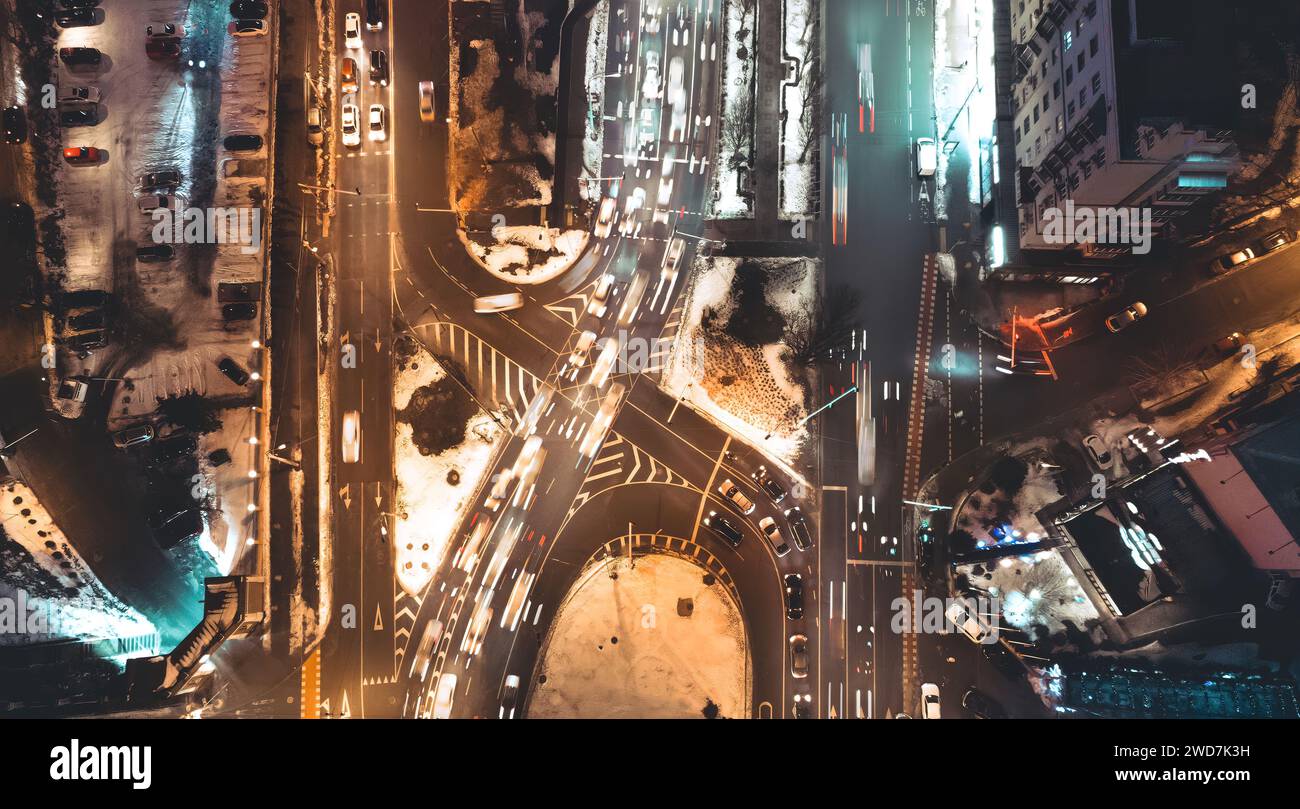 Aerial view of highway intersection at night in Kyiv. Long Exposure ...