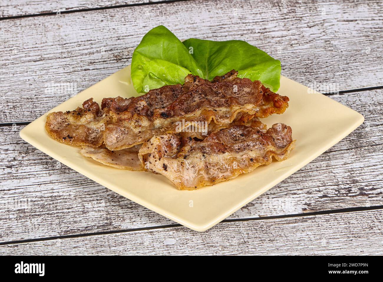 Roasted sliced pork fat bacon in the plate Stock Photo - Alamy