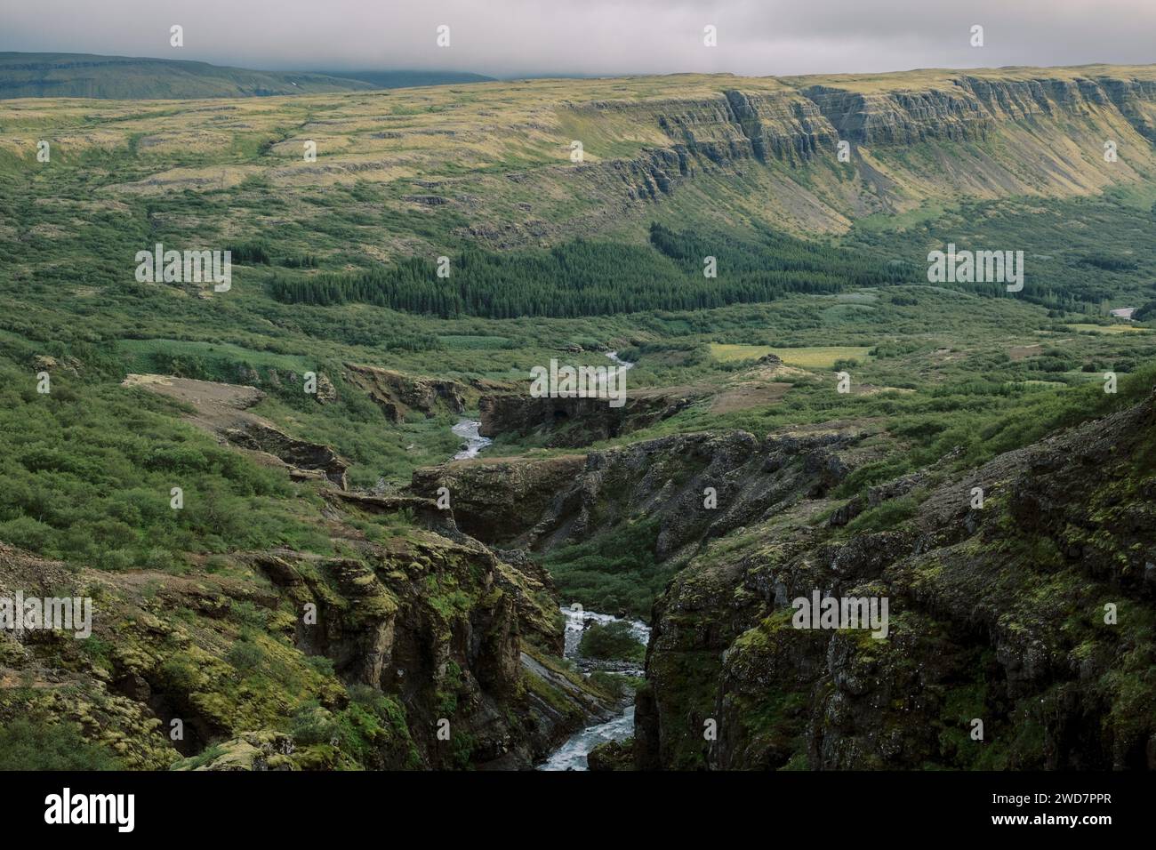 Natural Icelandic river coursing from Glymur waterfall on moody day ...