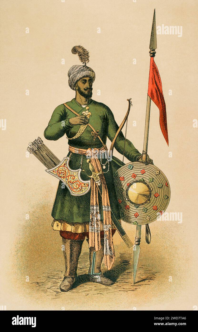 15th-century Hindu warrior. Chromolithography. "Historia Universal", by ...