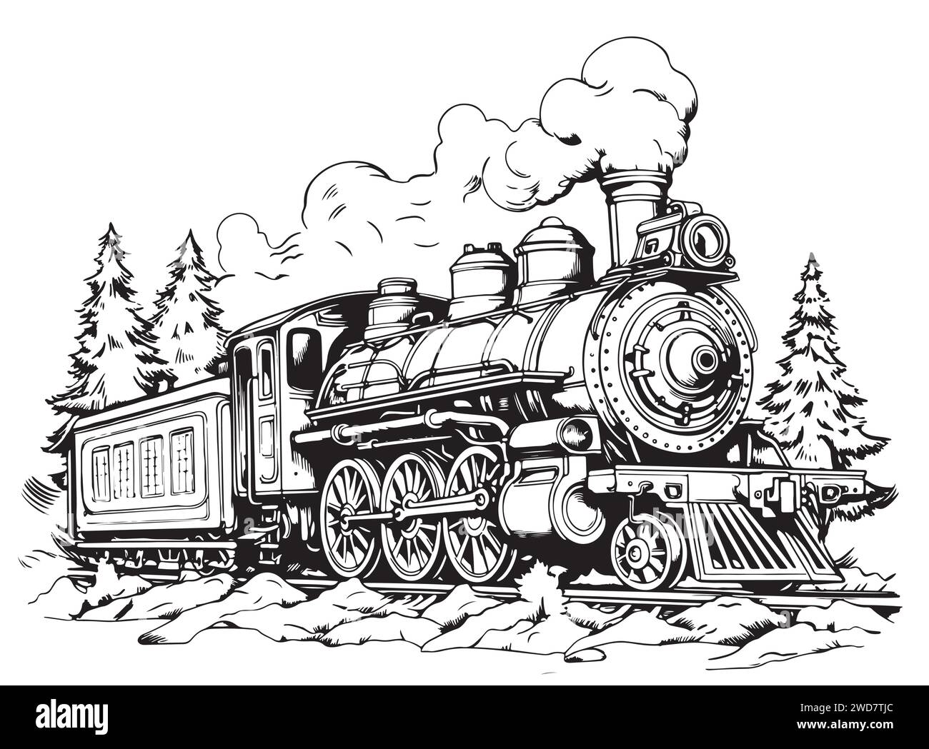 Steam locomotive old retro sketch hand drawn side view. Vector illustration Stock Vector Image ...