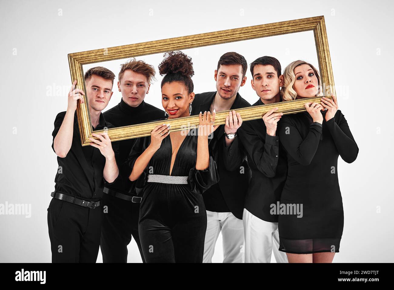 Friends portrait of international friends in a baguette frame on a ...