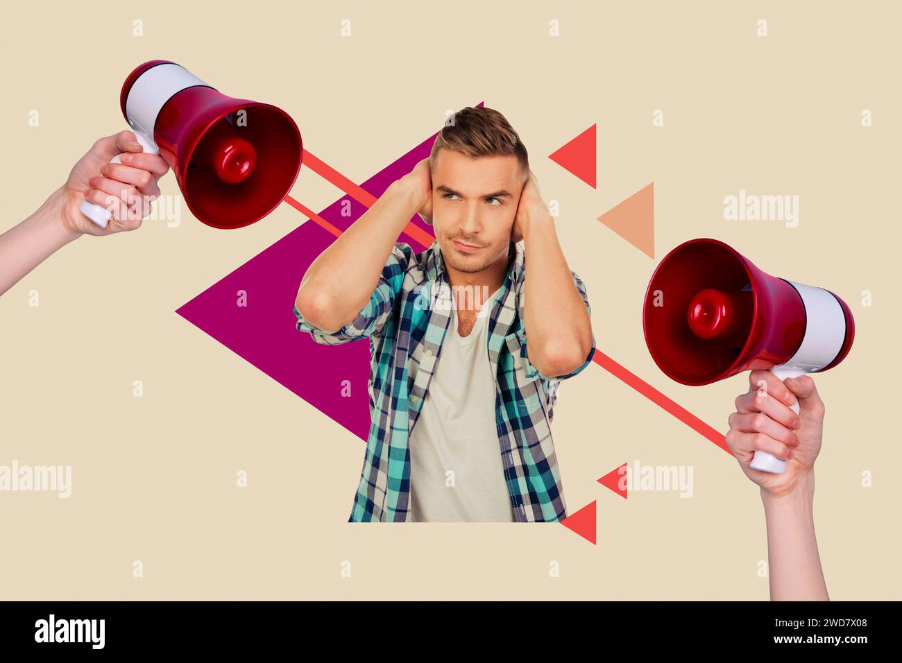 Photo collage standing irritated guy ignore noise loudspeakers ...