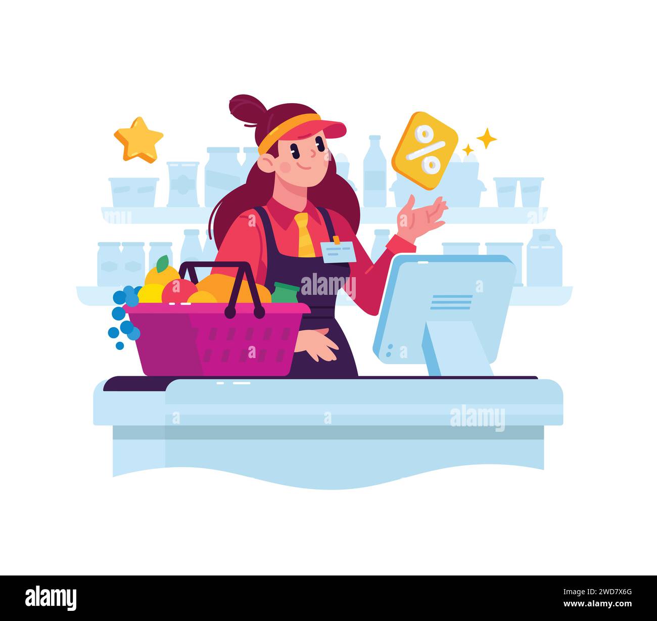 Illustration of a cashier saleswoman girl in a supermarket. Vector. A ...