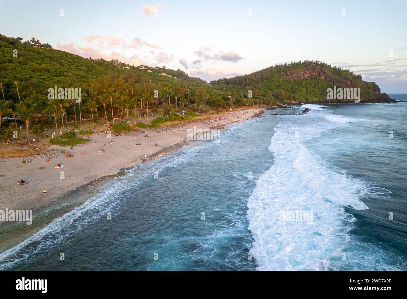 An aerial view of Grand Anse beach and its Piton, Réunion Island. The ...
