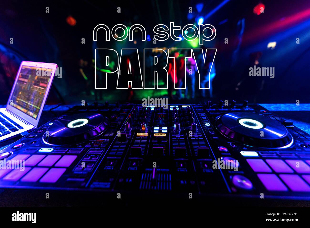 inscription Non Stop Party on the background of a DJ mixer and blurred ...