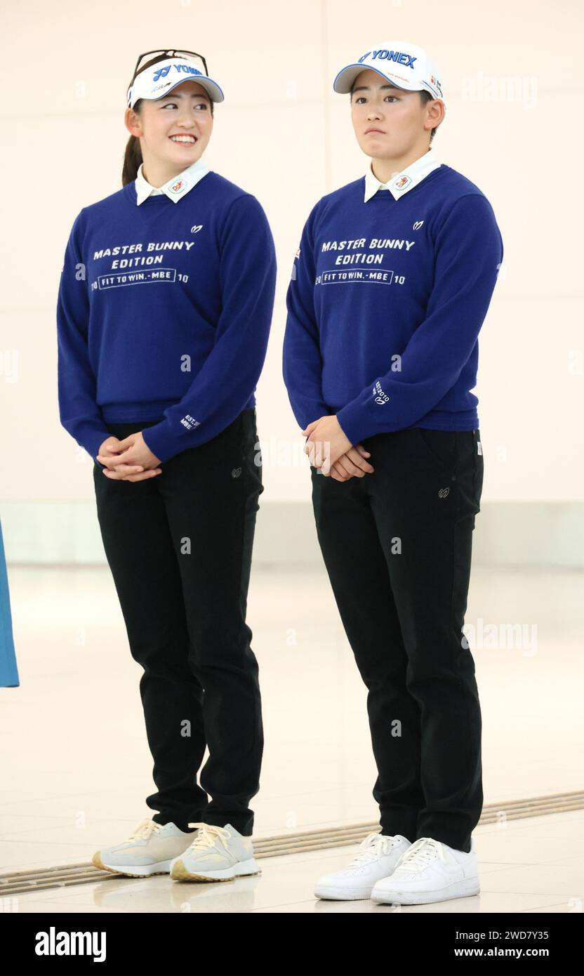 Tokyo, Japan. 19th Jan, 2024. Japan's twin professional golfers Akie Iwai (R) and Chisato Iwai ...