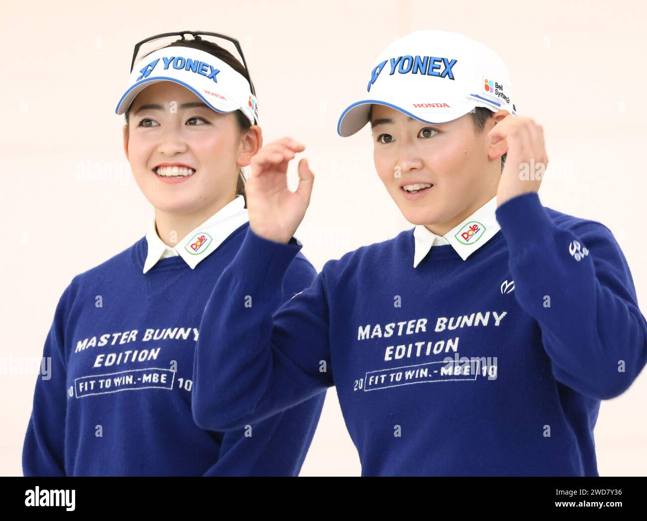 Tokyo, Japan. 19th Jan, 2024. Japan's twin professional golfers Akie Iwai (R) and Chisato Iwai ...